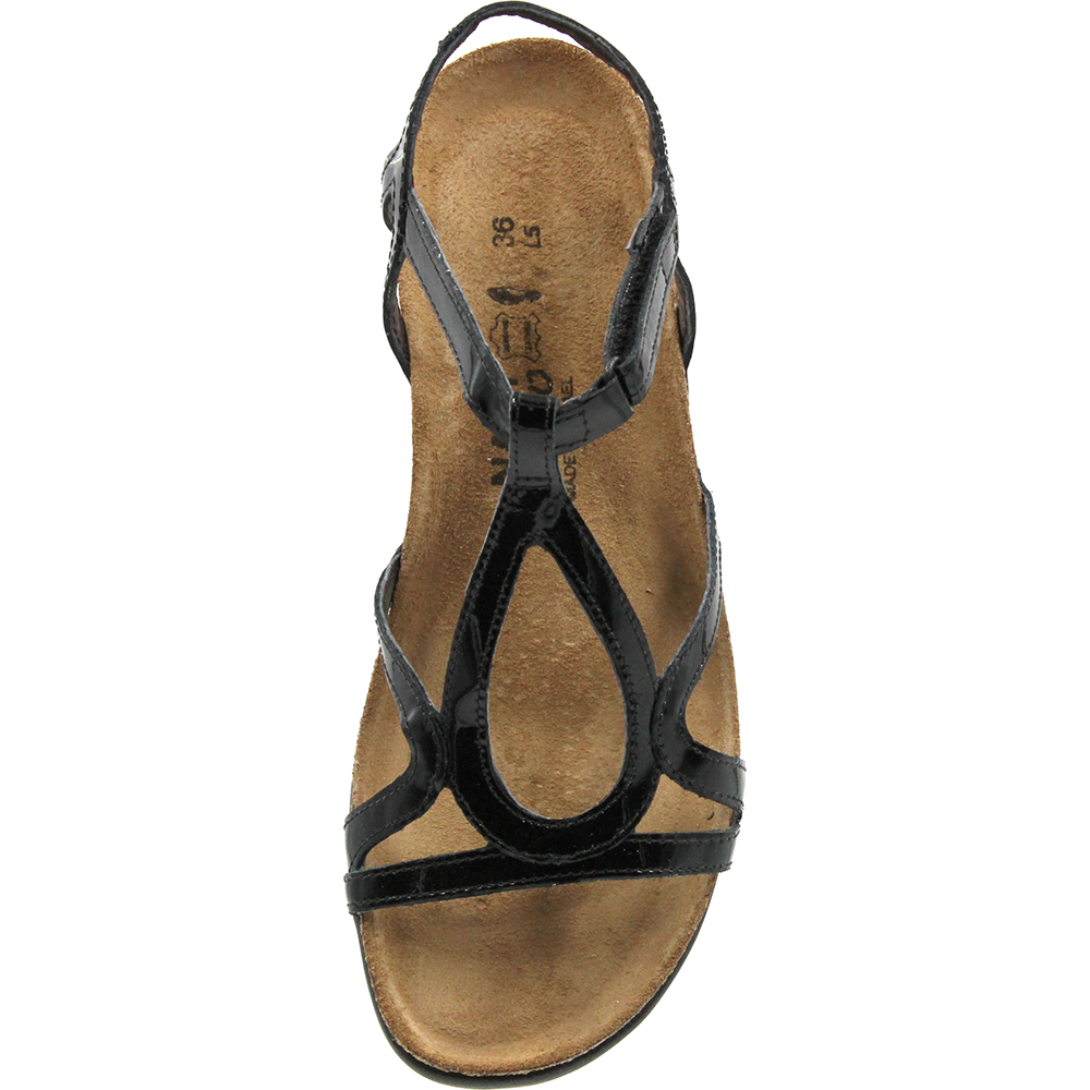 Naot Dorith Black Crinkle Patent Leather Sandals - ShoeBeDoo
